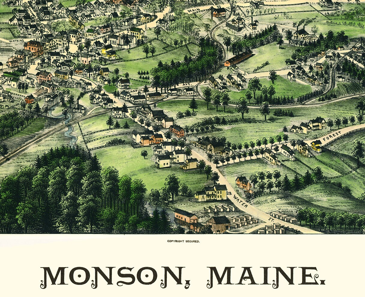Monson Maine in 1889 Bird's Eye View Map Aerial - Etsy