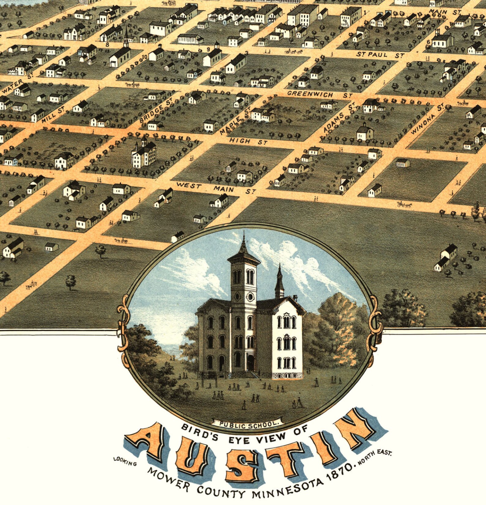 Austin, Minnesota in 1870 - Bird's Eye View, Aerial, Panorama, Vintage ...