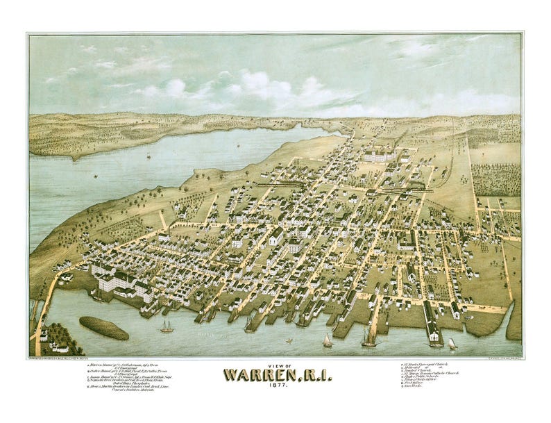 Warren, Rhode Island in 1877 Bird's Eye View, Map, Aerial, Panorama ...