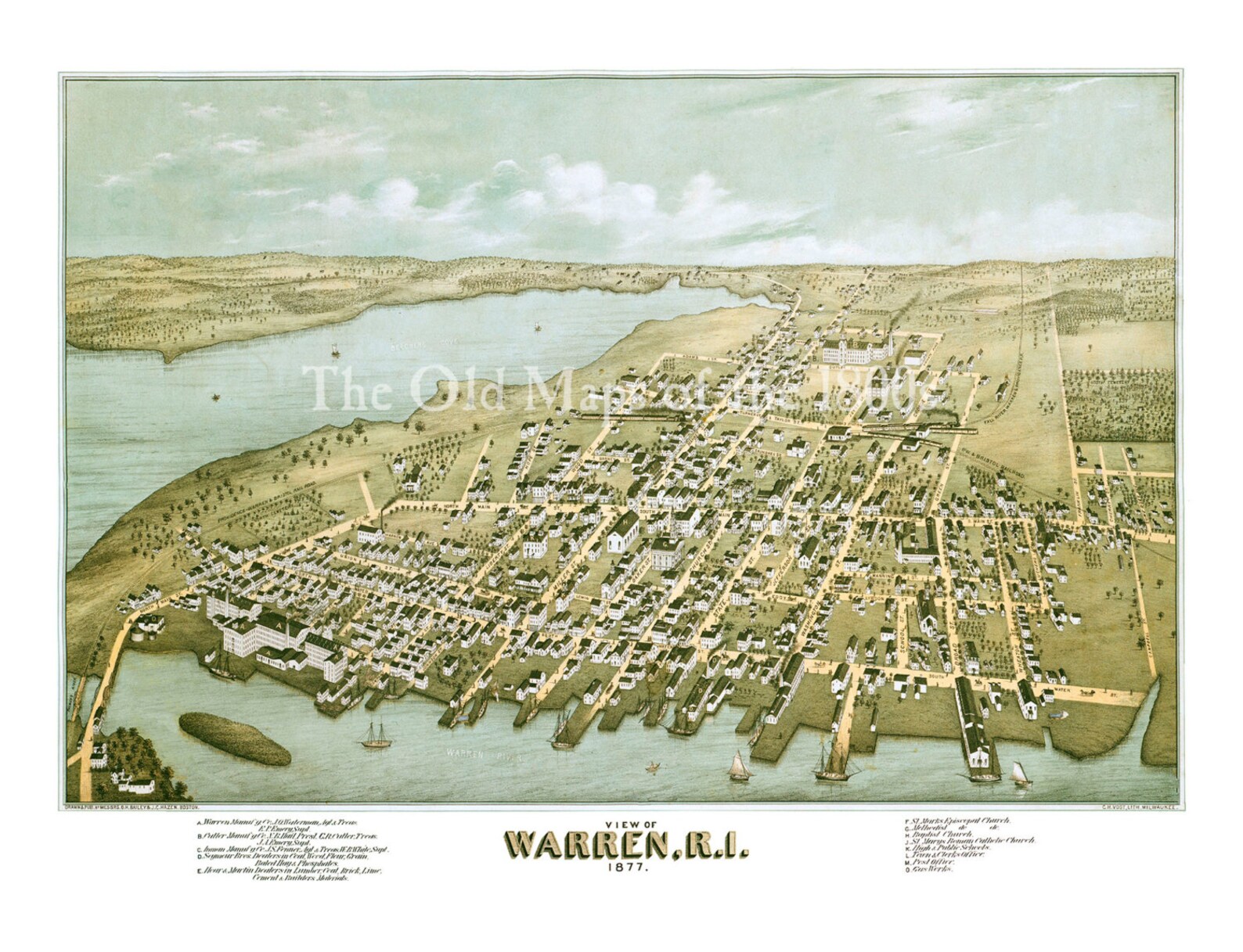 Warren, Rhode Island in 1877 Bird's Eye View, Map, Aerial, Panorama ...