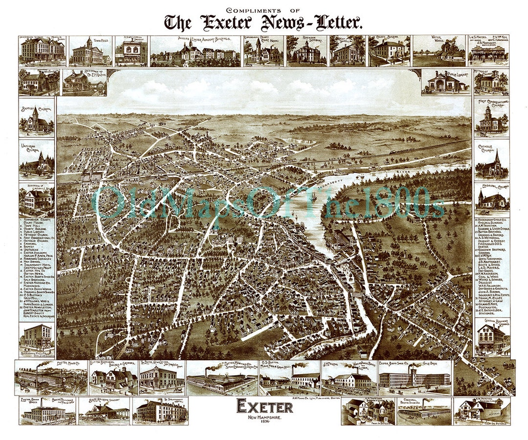 Exeter, New Hampshire en 1896 Carte de vue à vol d'oiseau, Aérien ...