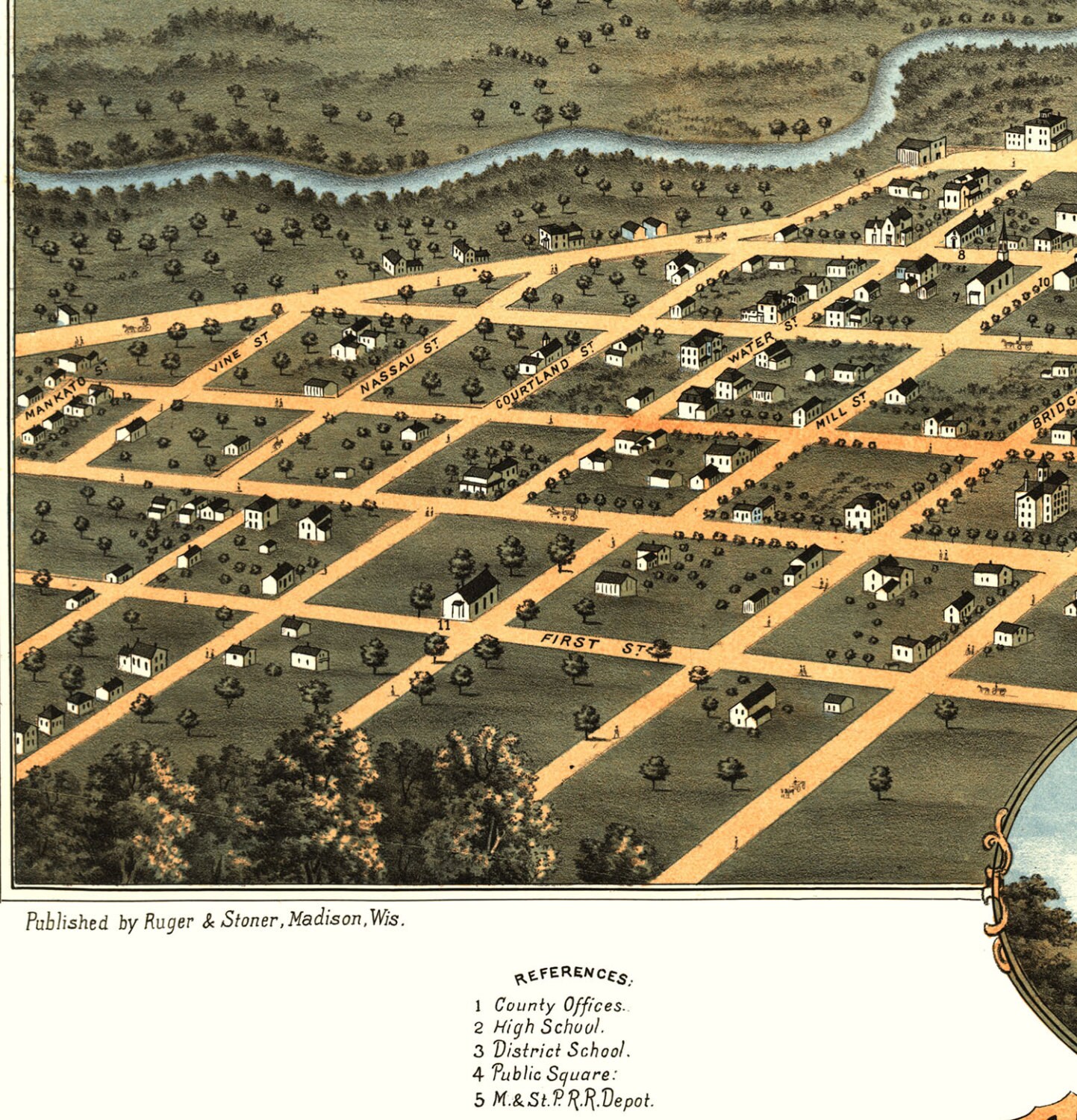 Austin, Minnesota in 1870 - Bird's Eye View, Aerial, Panorama, Vintage ...