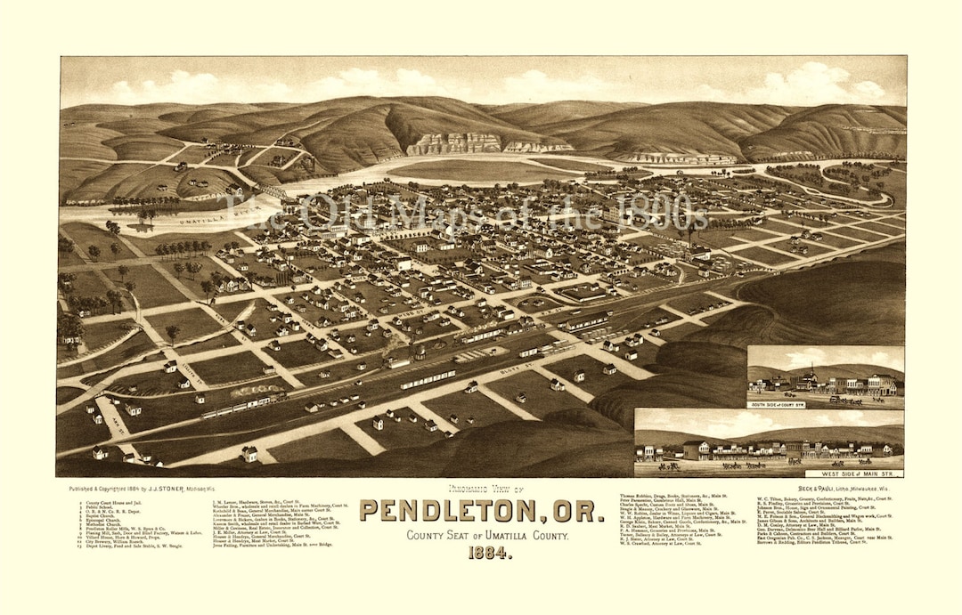 Pendleton Oregon in 1884 Bird's Eye View Map Aerial - Etsy