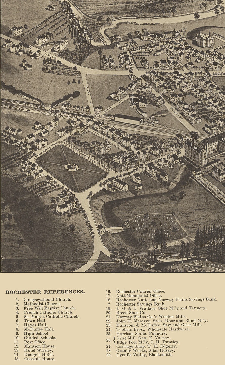 Rochester, Gonic y East Rochester, New Hampshire, 1884: vista aérea ...