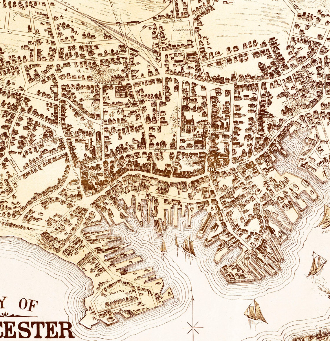 Gloucester Massachusetts in 1873 Bird's Eye View Map | Etsy