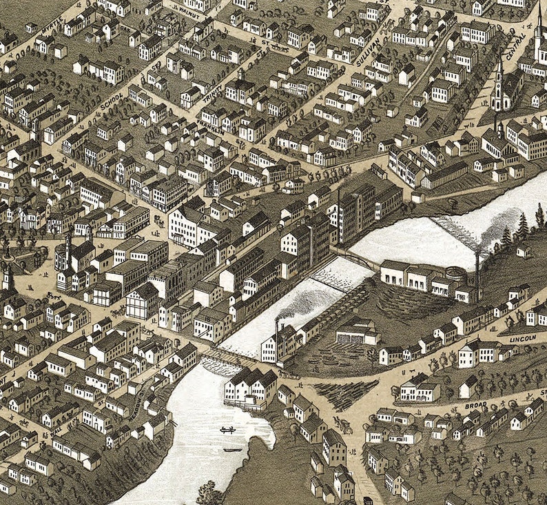 Claremont, New Hampshire in 1877 Bird's Eye View Map, Aerial, Panorama ...