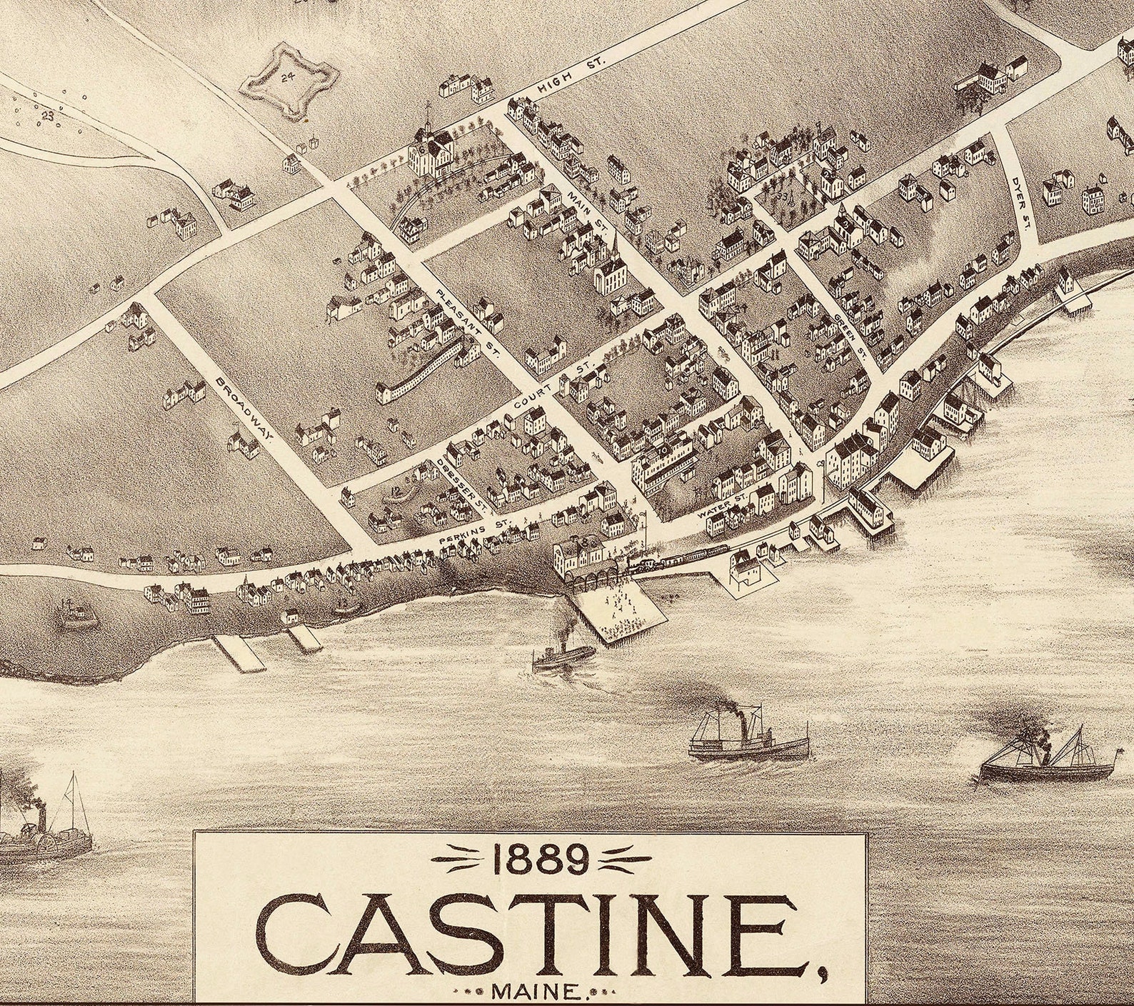 Castine, Maine in 1889 - Bird's Eye View Map, Aerial, Panorama, Vintage ...