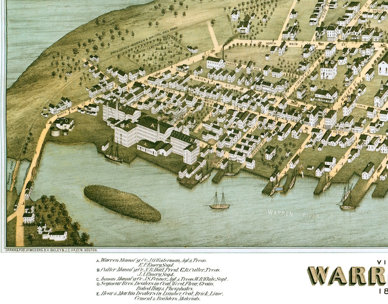 Warren, Rhode Island in 1877 Bird's Eye View, Map, Aerial, Panorama ...