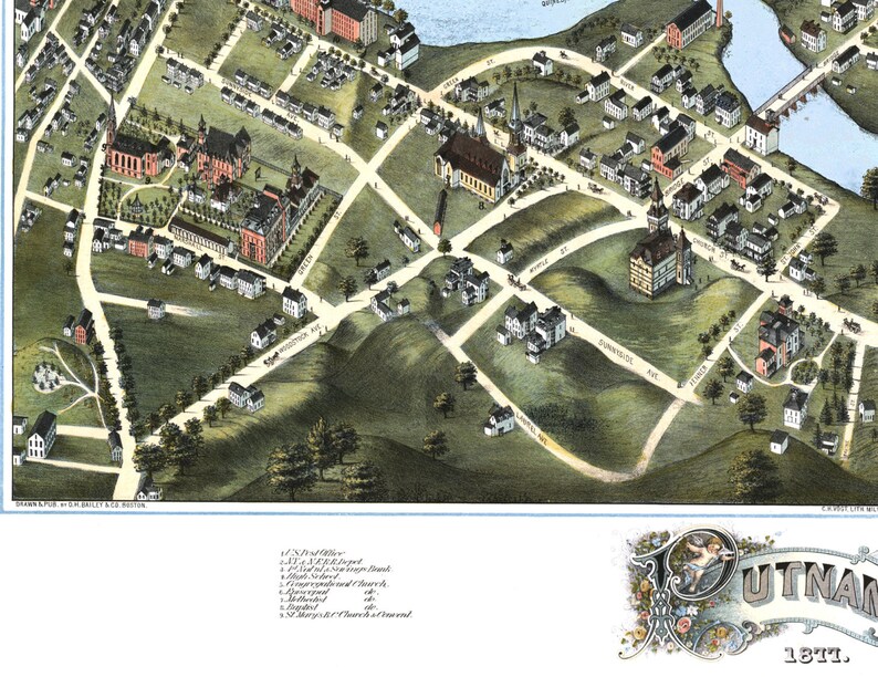 Putnam, Connecticut en 1877 Mapa a vista de pájaro, Aéreo, Panorama ...