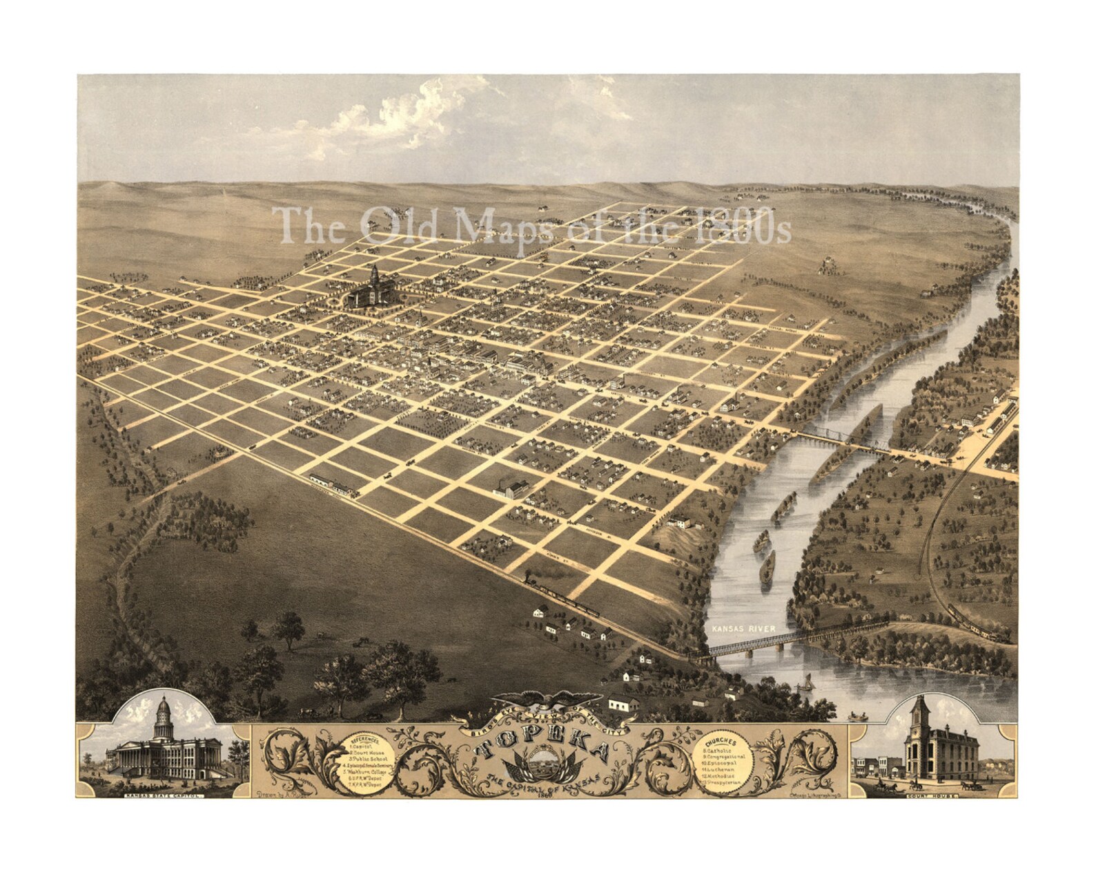 Topeka, Kansas in 1869 Bird's Eye View Map, Aerial Map, Panorama ...