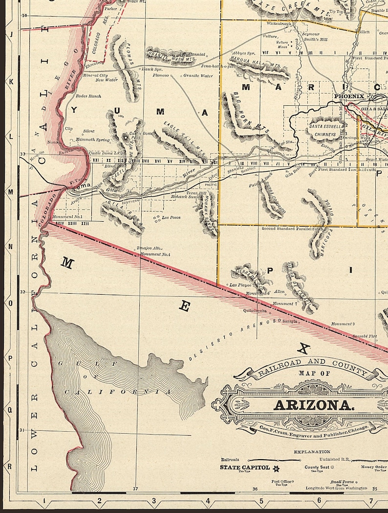 Arizona County & Railroad Map of 1887 - Bird's Eye View, Vintage ...