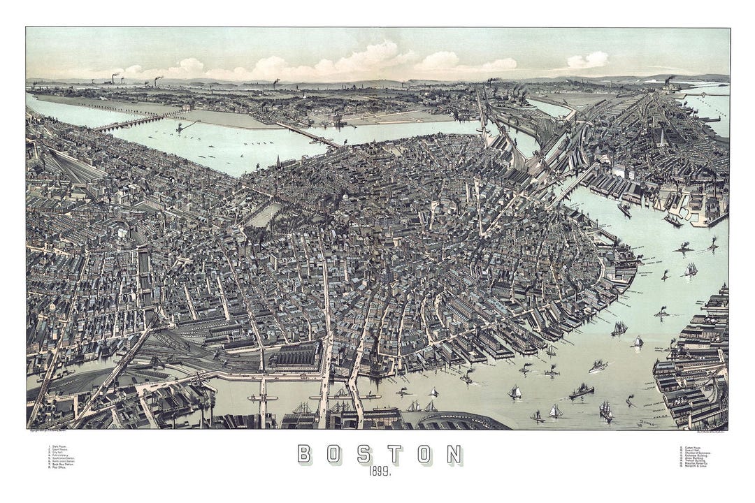 Boston, Massachusetts in 1899 - Bird's Eye View Map, Aerial, Panorama ...
