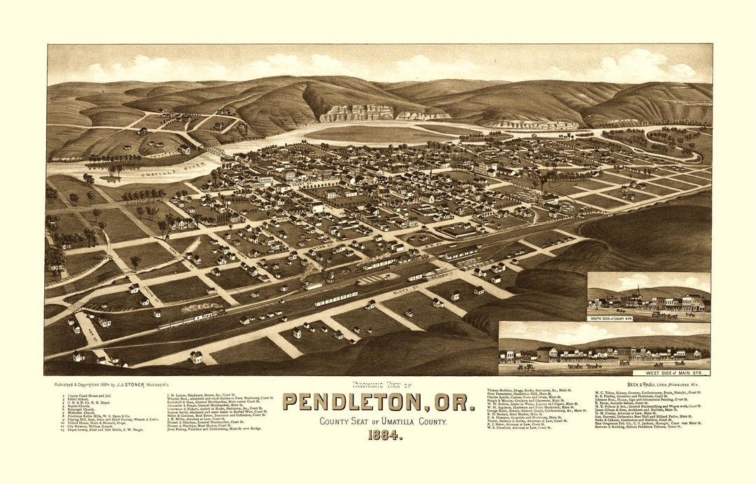 Pendleton, Oregon in 1884 - Bird's Eye View Map, Aerial Map, Panorama ...