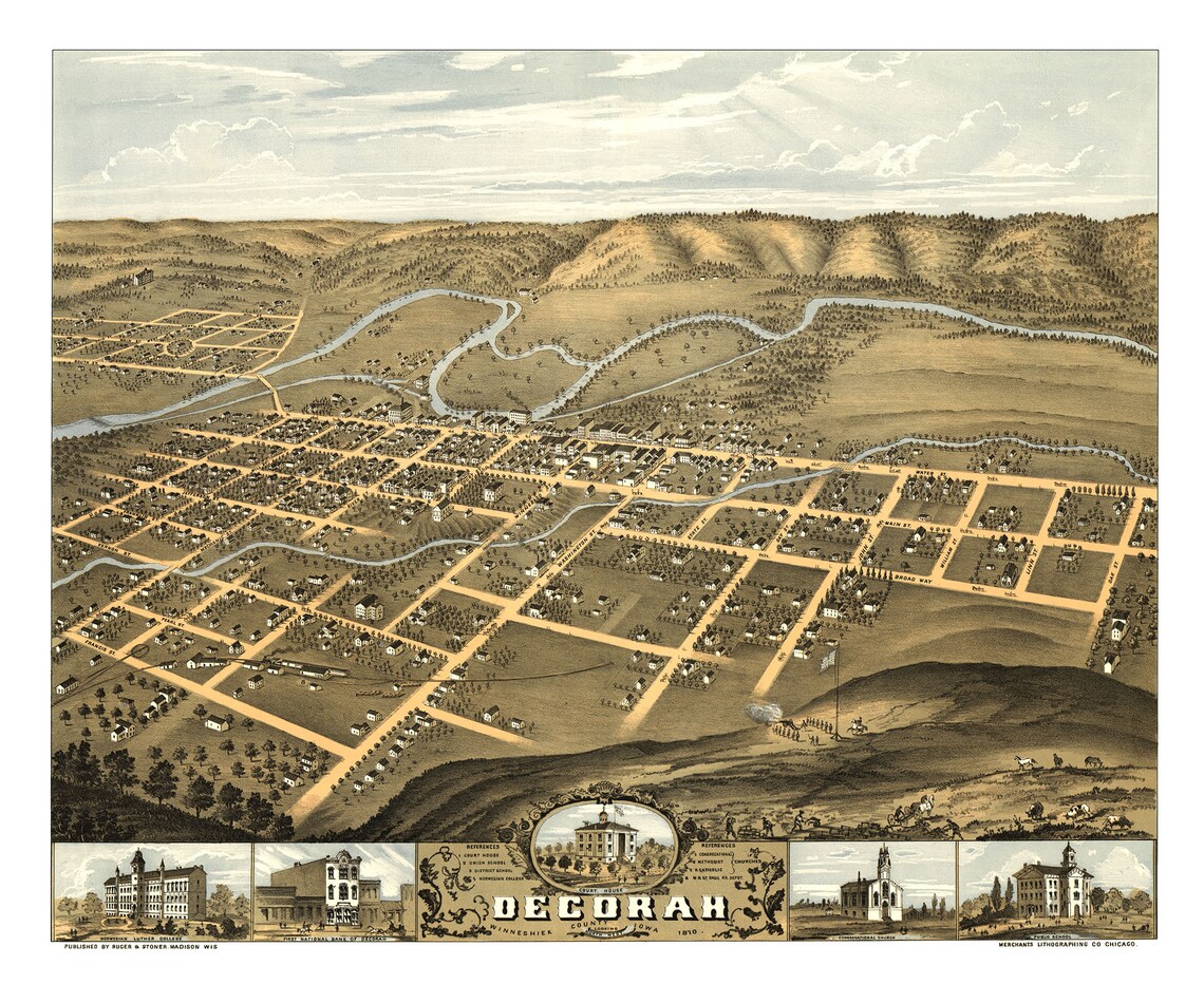 Decorah, Iowa in 1870 - Bird's Eye View Map, Aerial Map, Panorama ...
