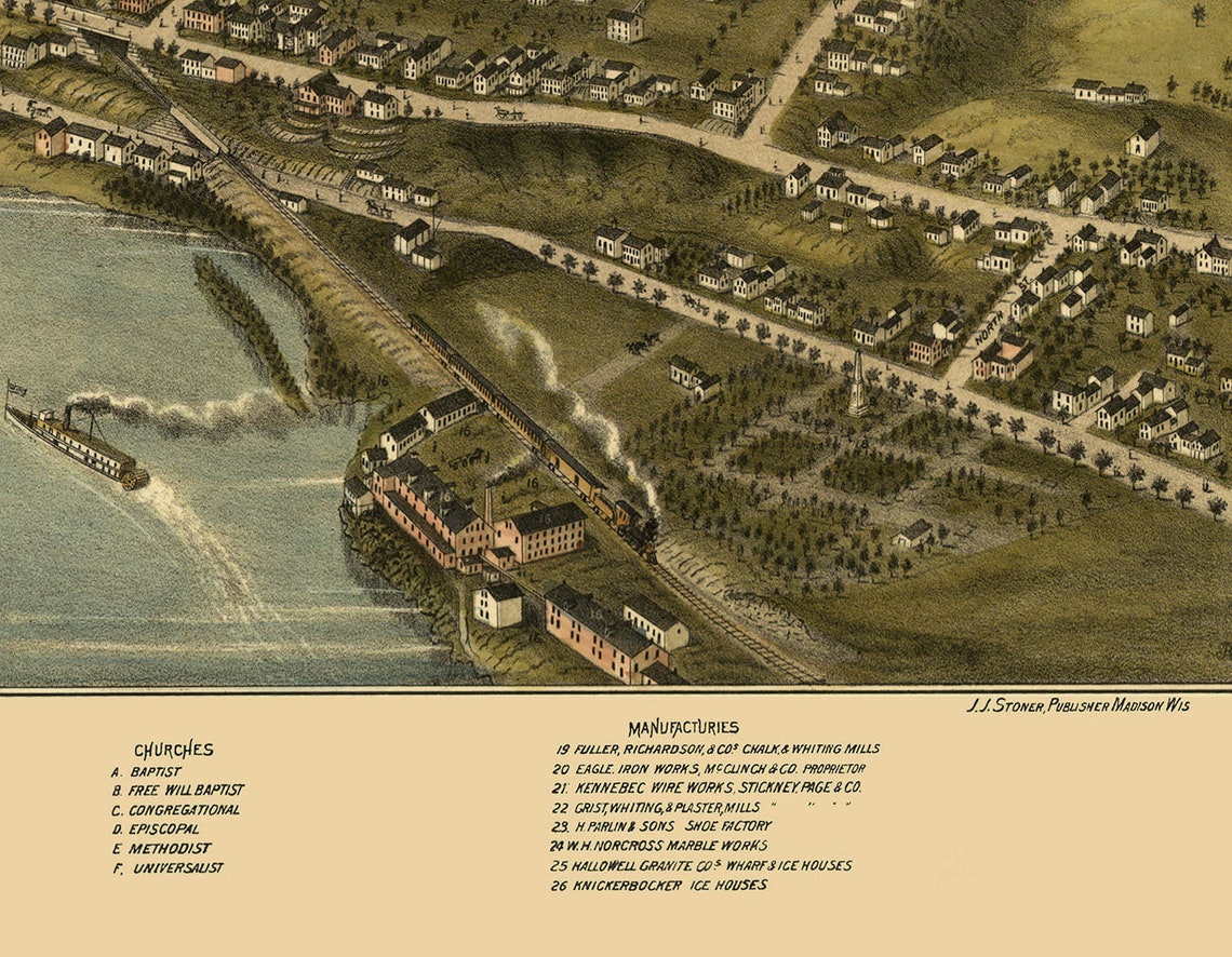 Hallowell, Maine in 1878 - Bird's Eye View Map, Aerial, Panorama ...