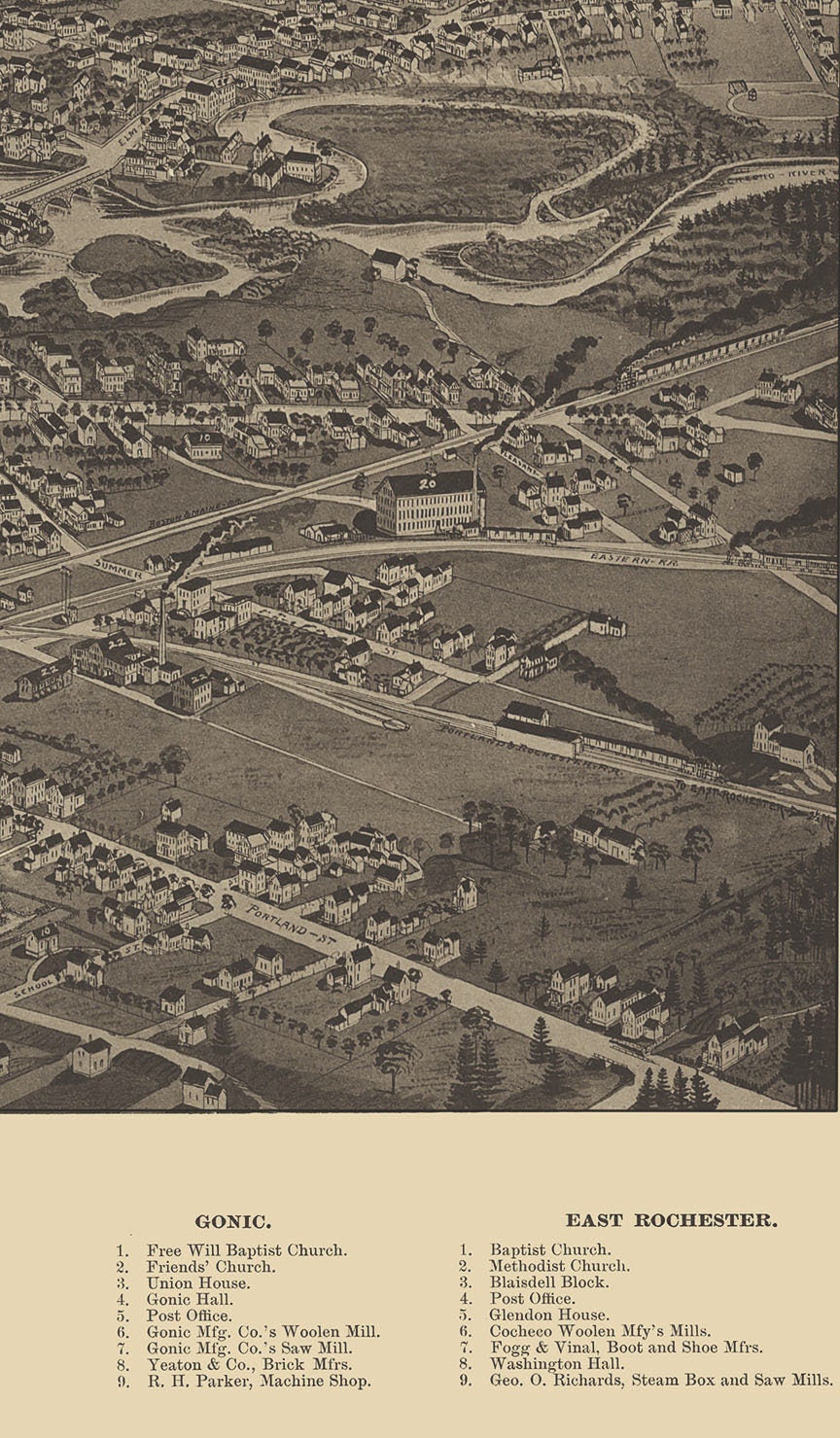 Rochester, Gonic y East Rochester, New Hampshire, 1884: vista aérea ...