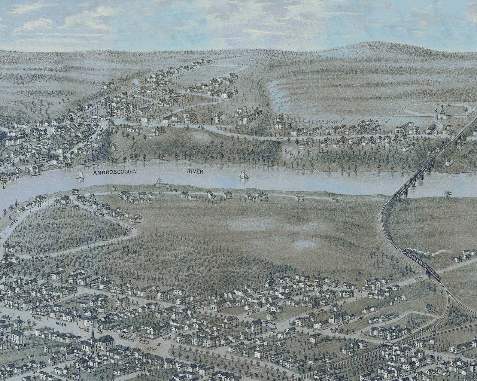 Brunswick & Topsham, Maine in 1877 - Bird's Eye View Map, Aerial ...
