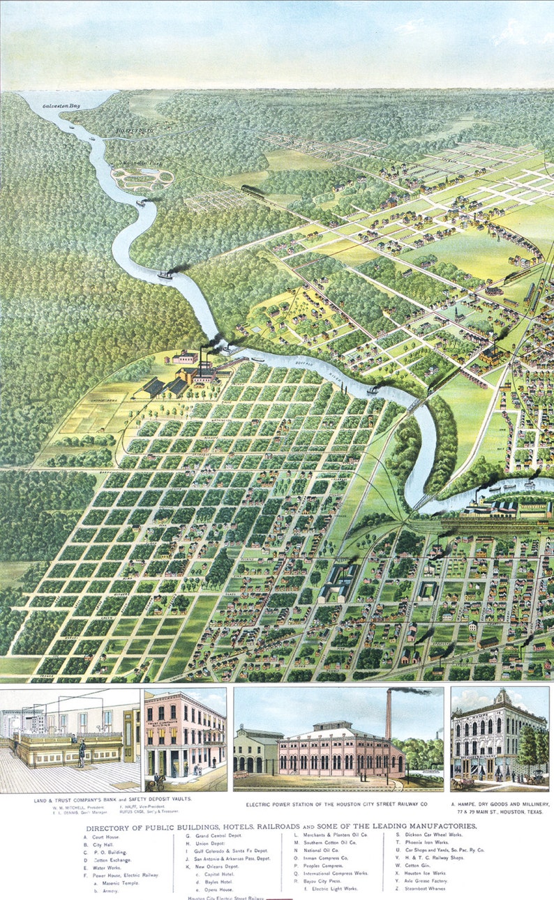 Houston, Texas in 1891 - Bird's Eye View, Aerial Map, Panorama, Vintage ...