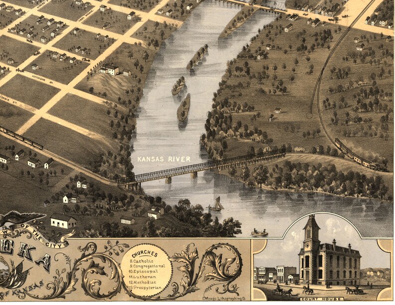 Topeka, Kansas in 1869 Bird's Eye View Map, Aerial Map, Panorama ...