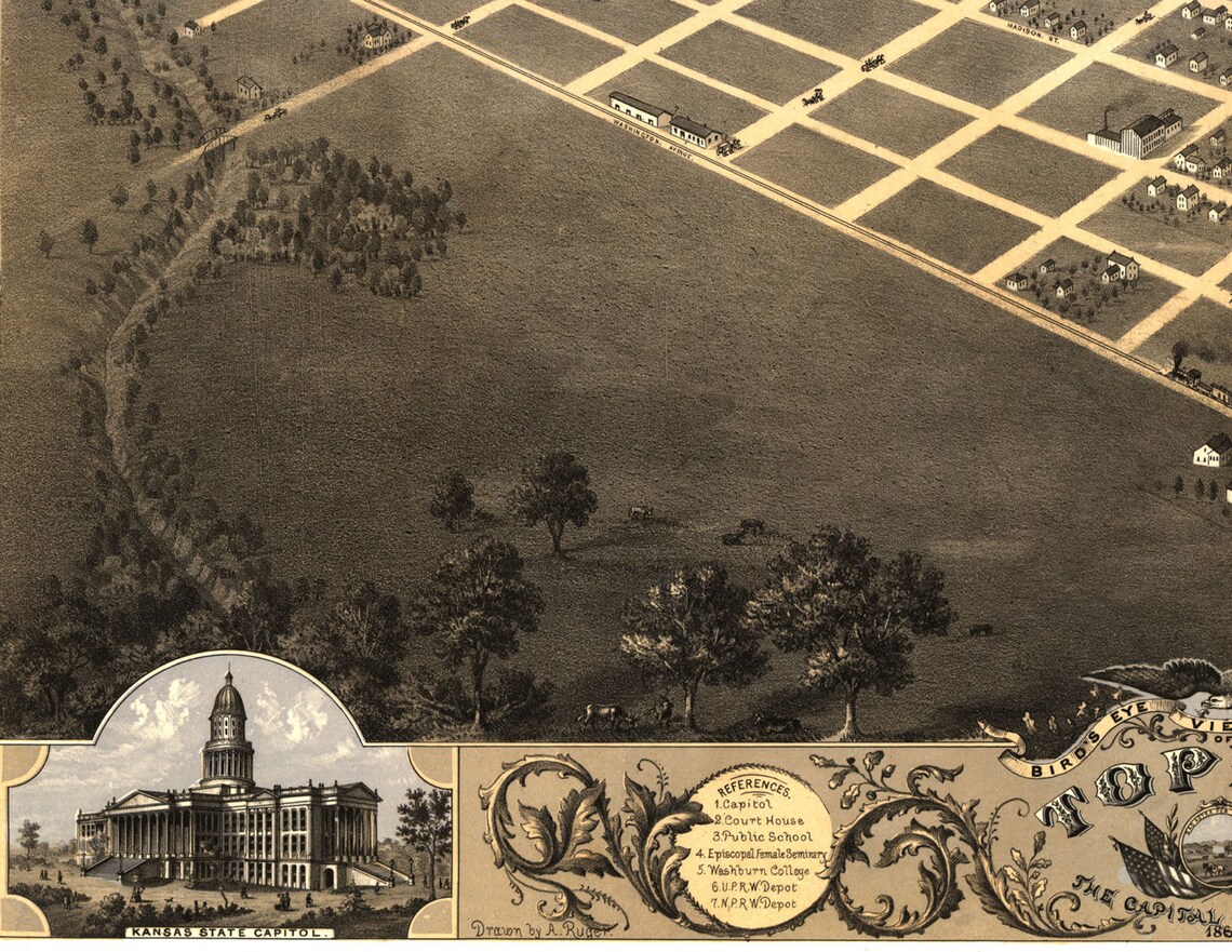 Topeka Kansas in 1869 Bird's Eye View Map Aerial Map - Etsy