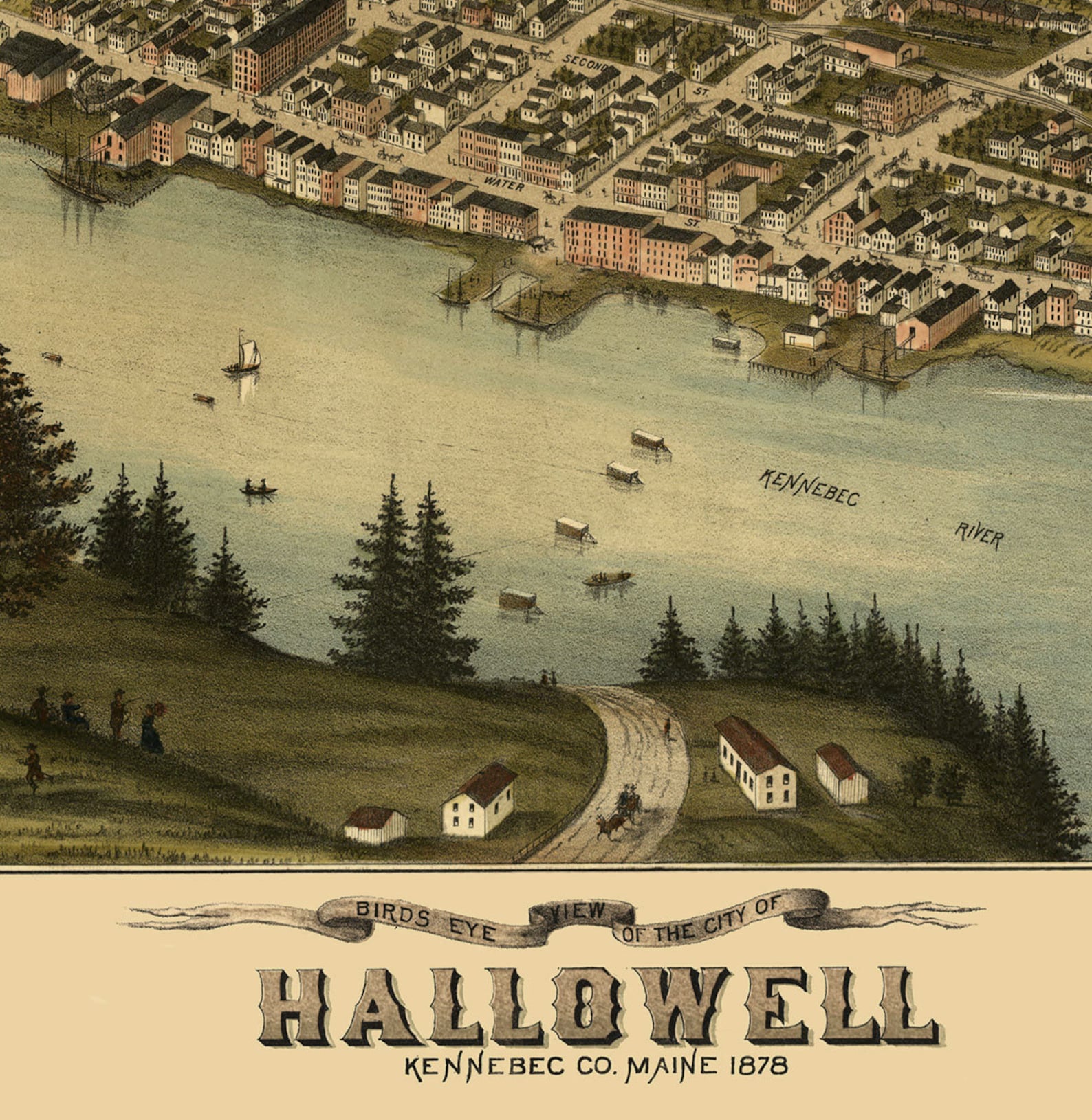Hallowell, Maine in 1878 - Bird's Eye View Map, Aerial, Panorama ...