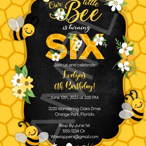 Bee 6th Birthday Party Invitation Template - Bee Day Invites - SIX ...