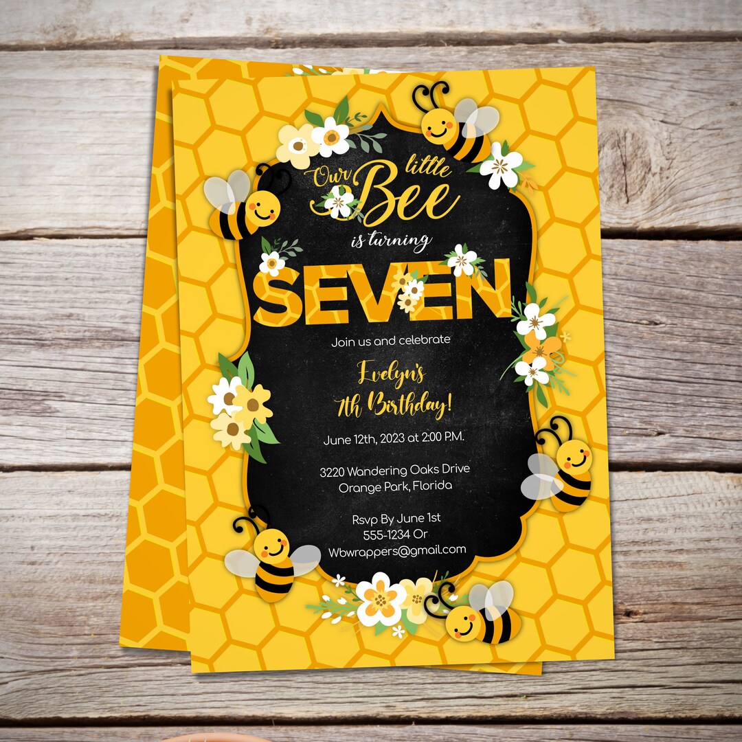 Bee Birthday Party 7th Birthday Party Invitation Template - Bee Day ...