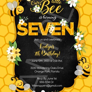 Bee Birthday Party 7th Birthday Party Invitation Template - Bee Day ...