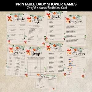 Printable Fox Themed Baby Shower Games - 8 Games + Advice Card - Bingo ...