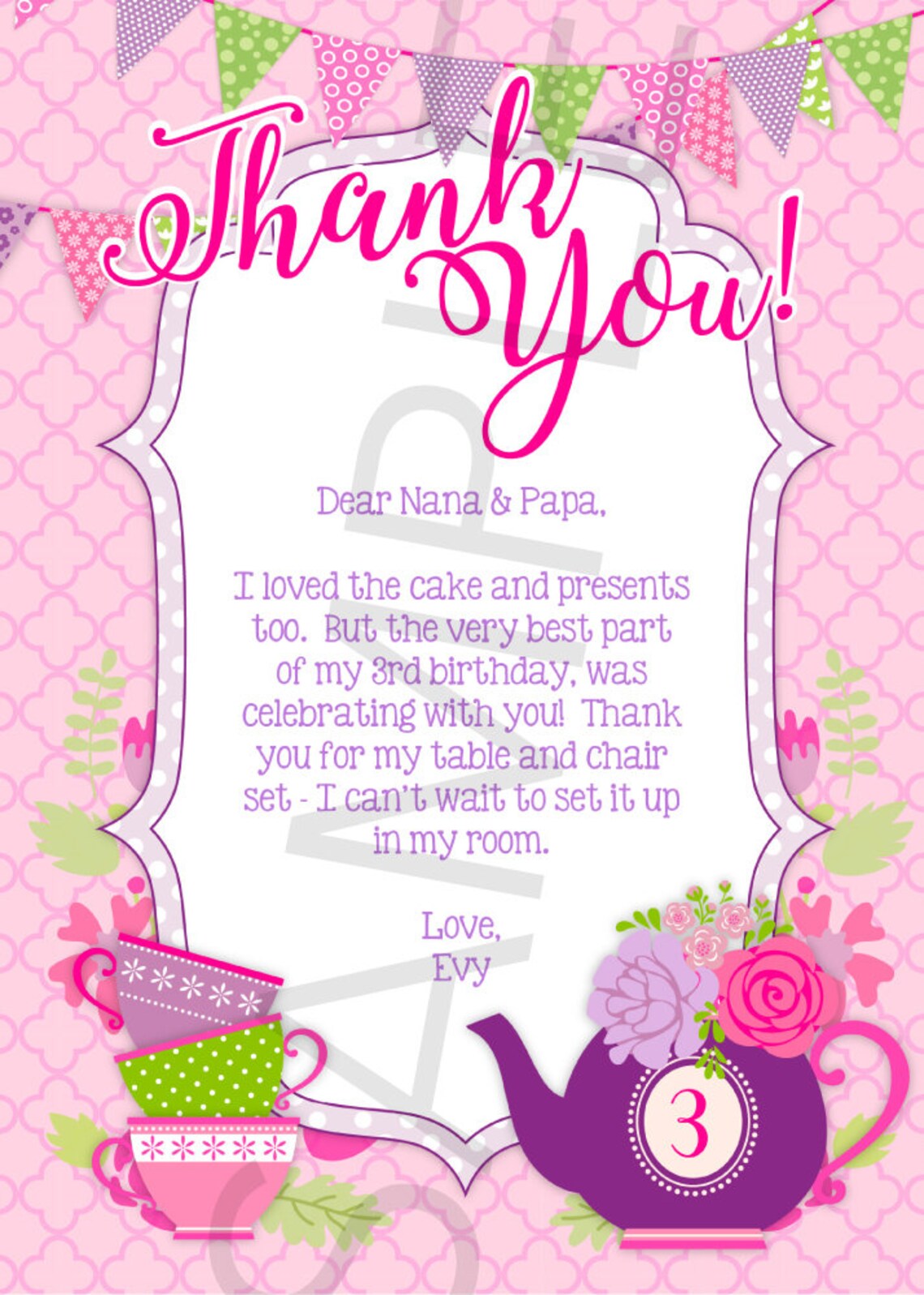 Tea Party Thank You Note TEMPLATE - Tea Party Thank You Card - High Tea ...