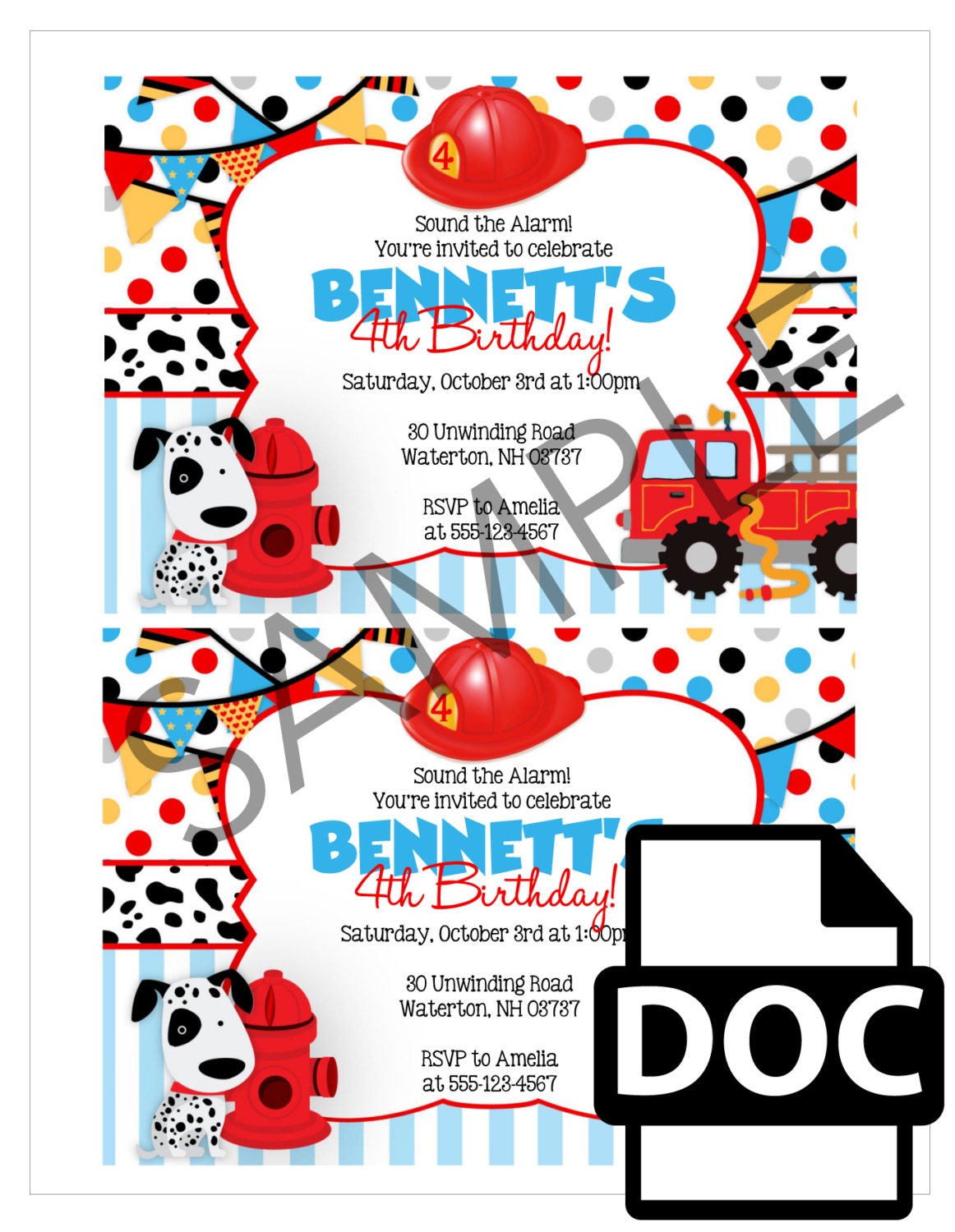 Firetruck Party Invitation TEMPLATE, Fireman / Firefighter Invite - Any ...