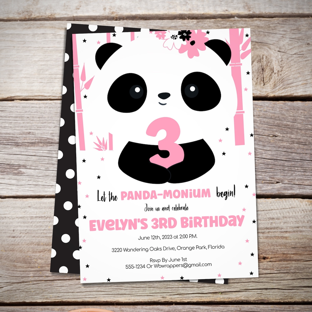Panda Birthday Invitation for Girls, Any Age, Black, White, Pink, Girly ...