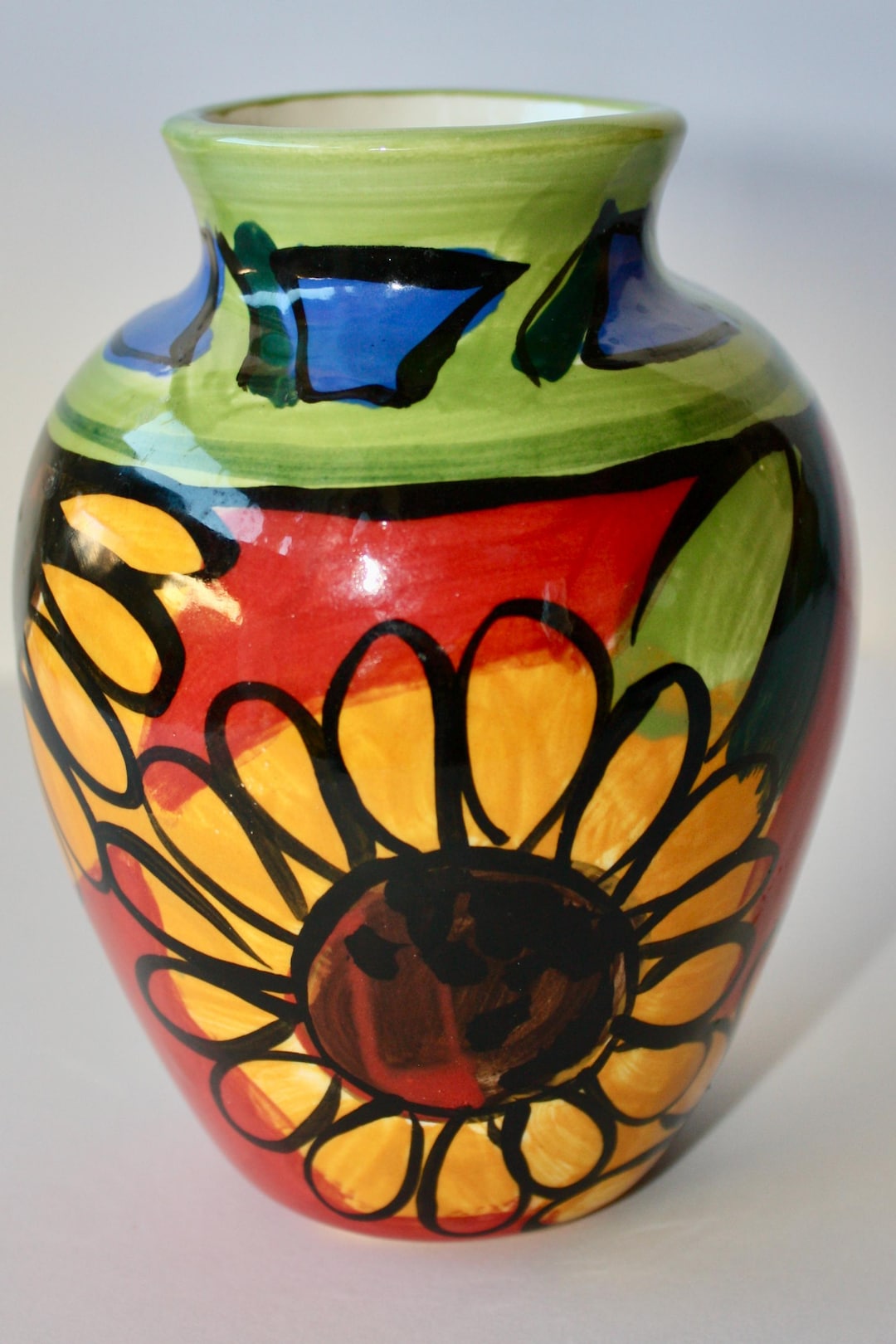 Hand-painted Bold Bright Colors Sunflower Motif Pottery Vase With ...