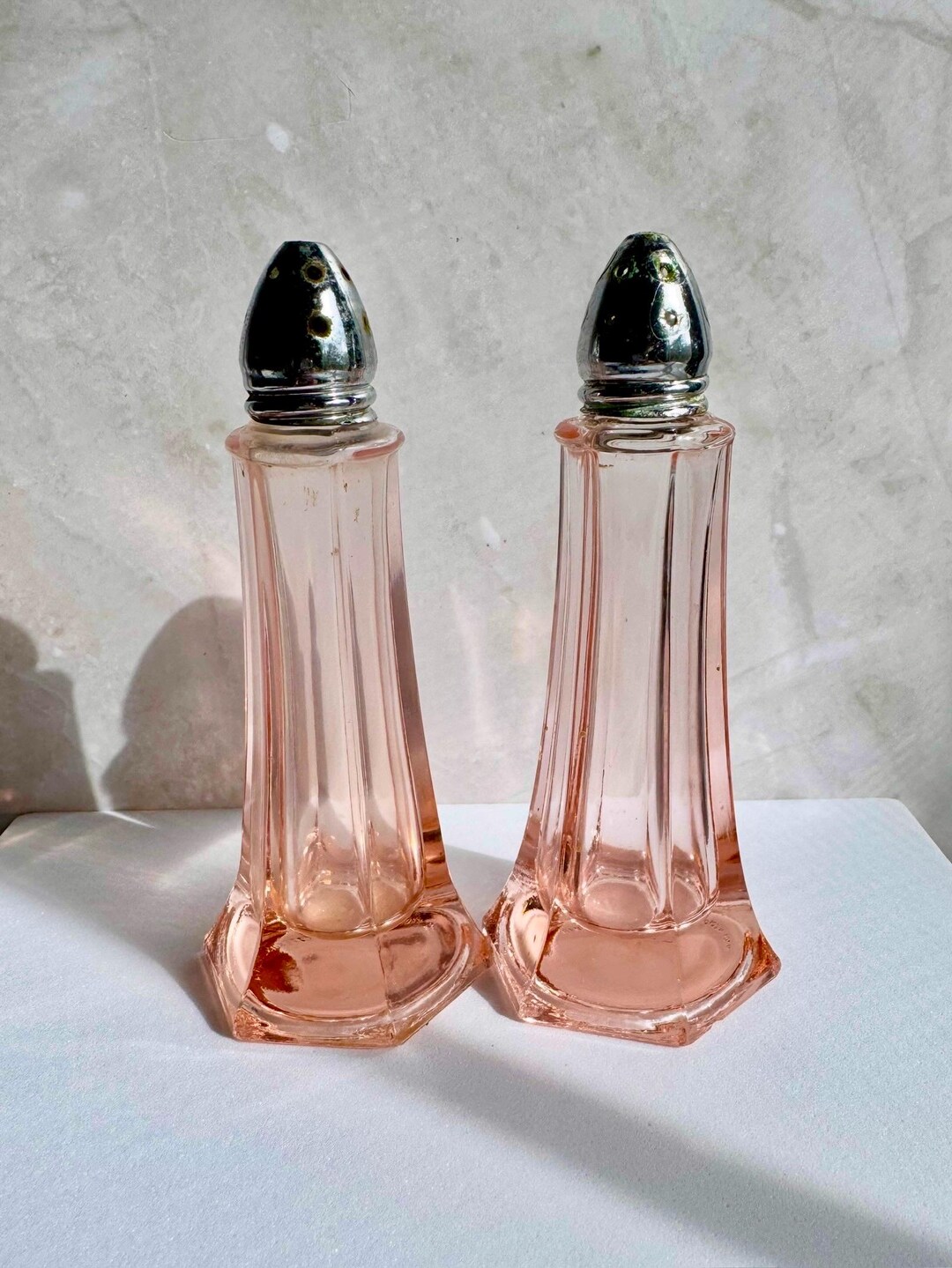 Vintage Pink Depression Glass Salt and Pepper Shakers Hexagon Base Tall ...