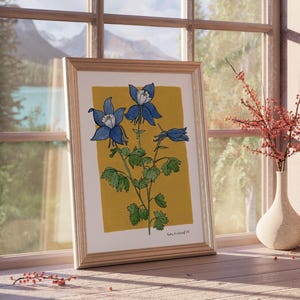 Blue Columbines on Yellow Background Gouache and Ink Illustration - 5x7 ...
