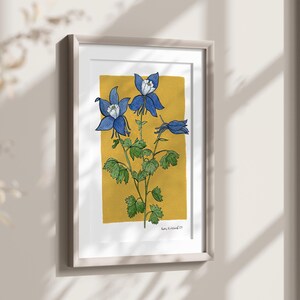 Blue Columbines on Yellow Background Gouache and Ink Illustration - 5x7 ...
