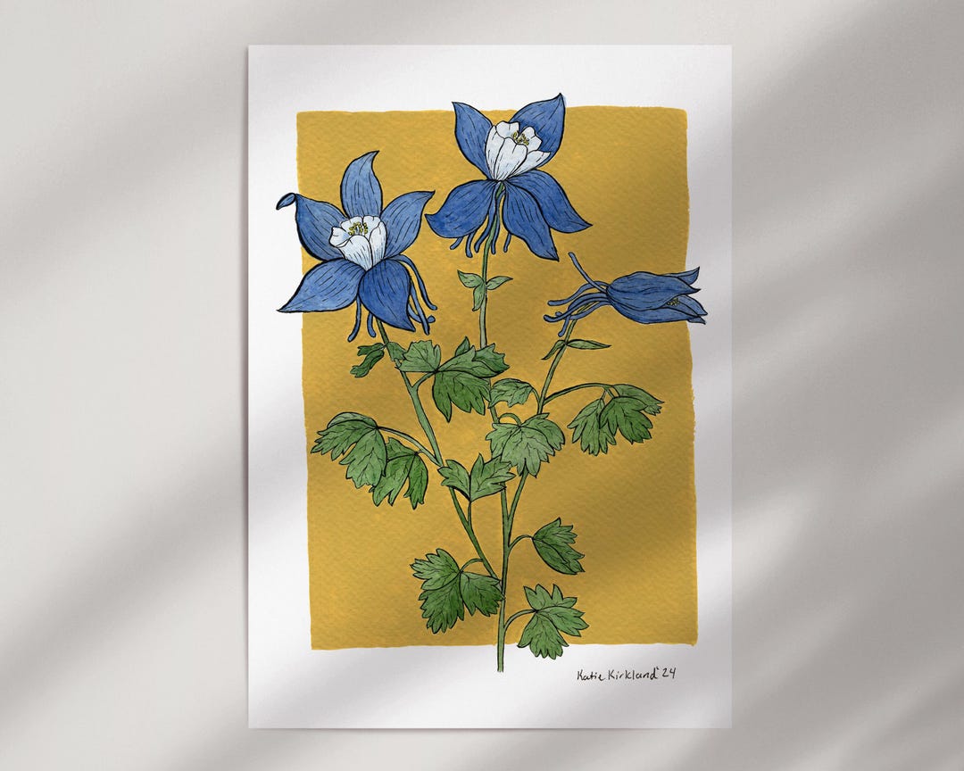 Blue Columbines on Yellow Background Gouache and Ink Illustration - 5x7 ...
