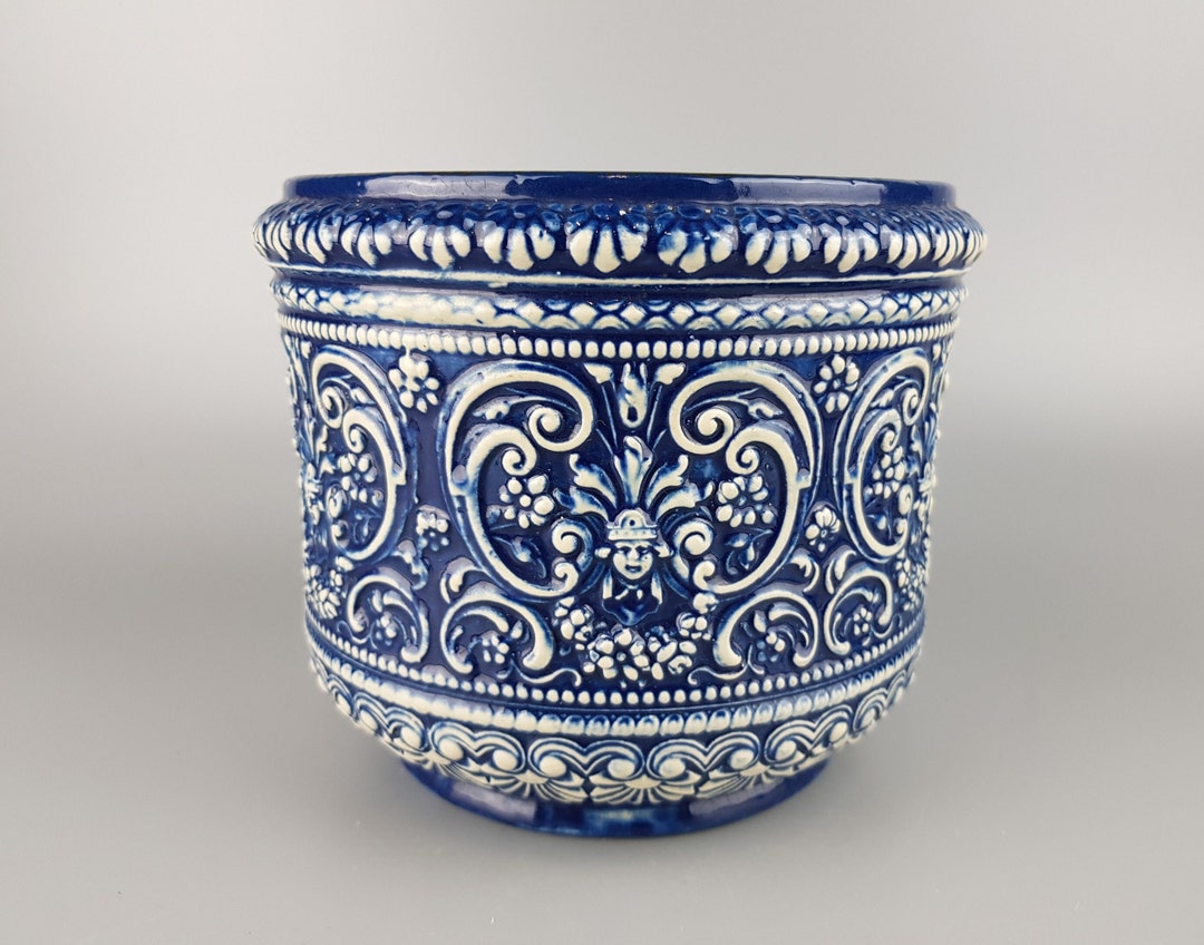 Rare Vintage MARZI Und REMY Blue Planter Flower Pot With White Relief Decor 1960s West German ...