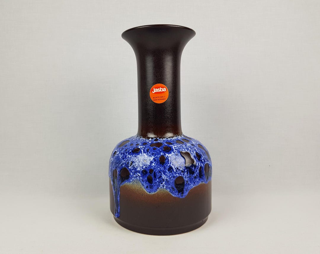 Vintage Large JASBA Blue and Brown Trumpet Vase N602 10 30 West German ...