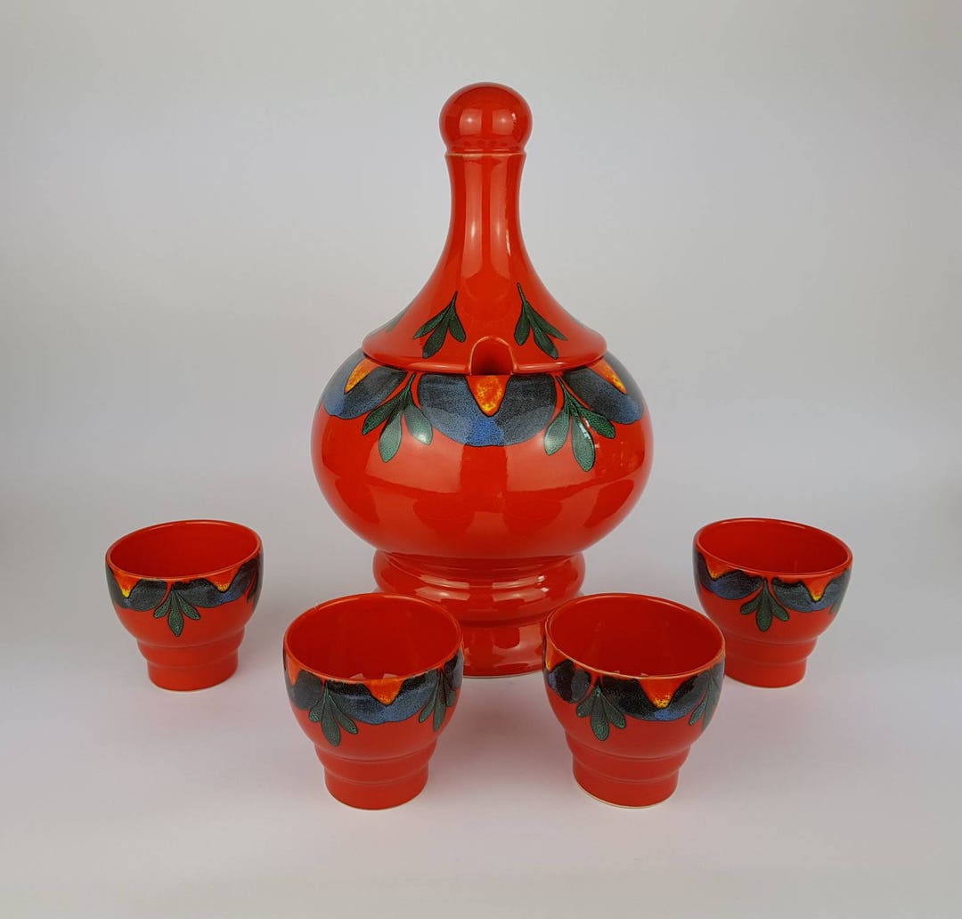 Vintage WACHTERSBACH Red Punch Bowl Set With 4 Cups West German Pottery ...
