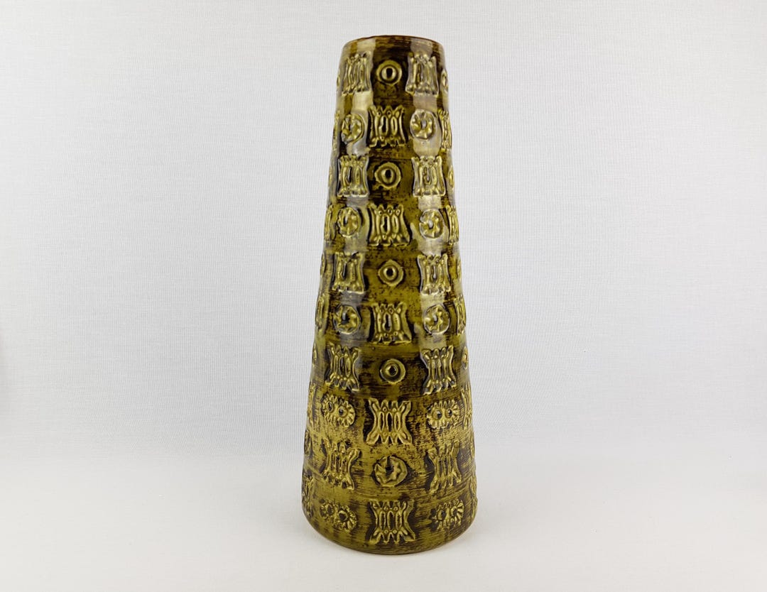 Vintage SPARA KERAMIK Olive Green Vase With Relief Decor Design by ...