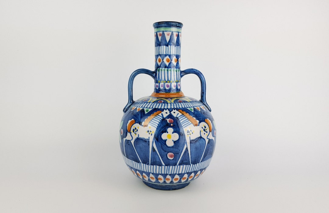Vintage VINCENZO PINTO for VIETRI Double Handled Handpainted Blue Vase ...