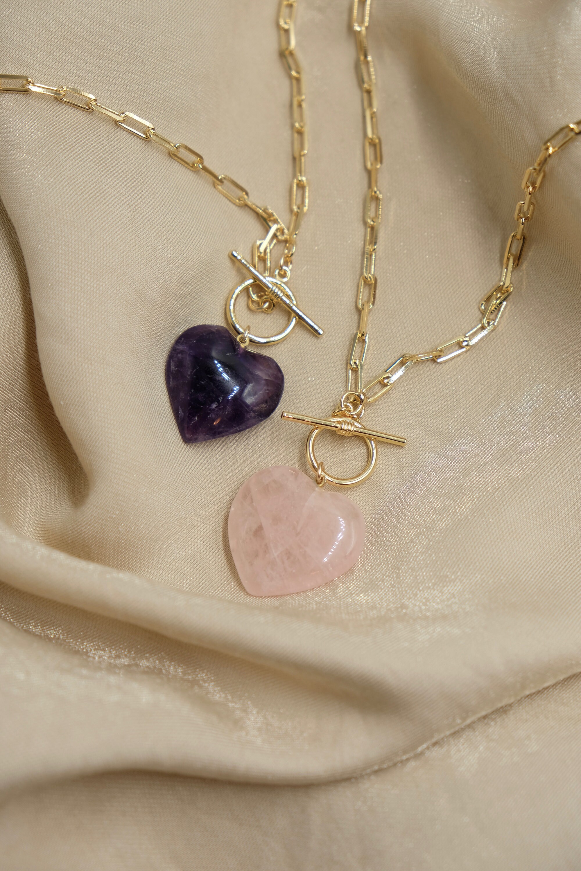 Rose Quartz Heart Necklace, Amethyst Heart Necklace, 18k Gold Filled ...