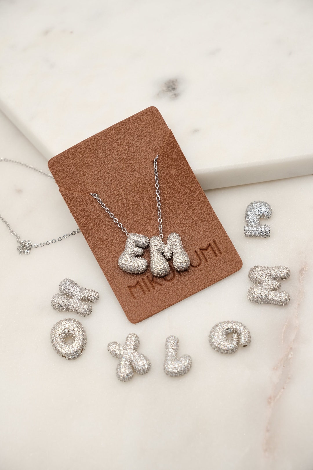 Bubble Initial Necklace, Letter Necklace, Rhodium Plated, CZ Initial ...