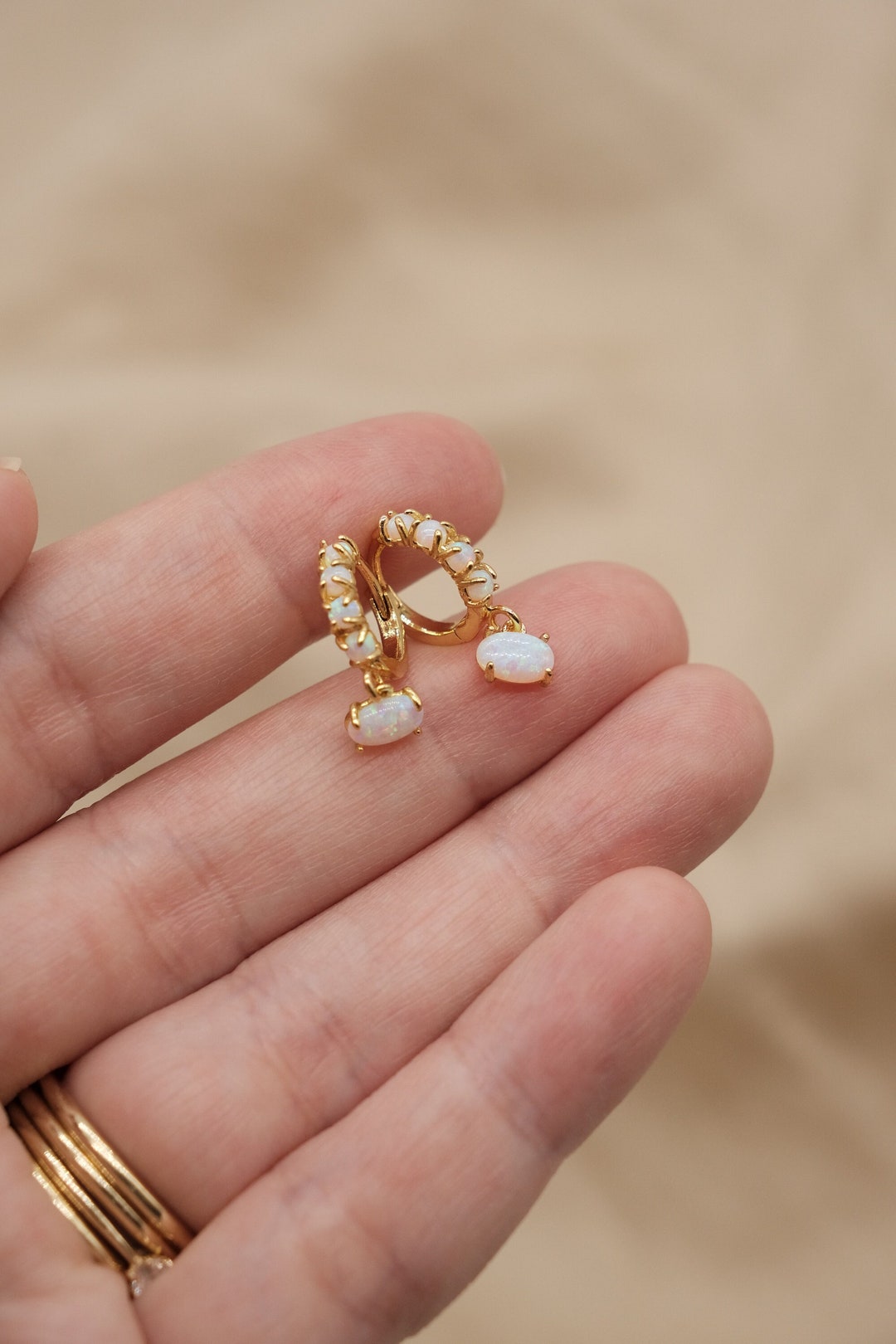 Tiny Opal Huggie Earrings, Gold Plated, Gold Hoop Earrings, Stacking ...