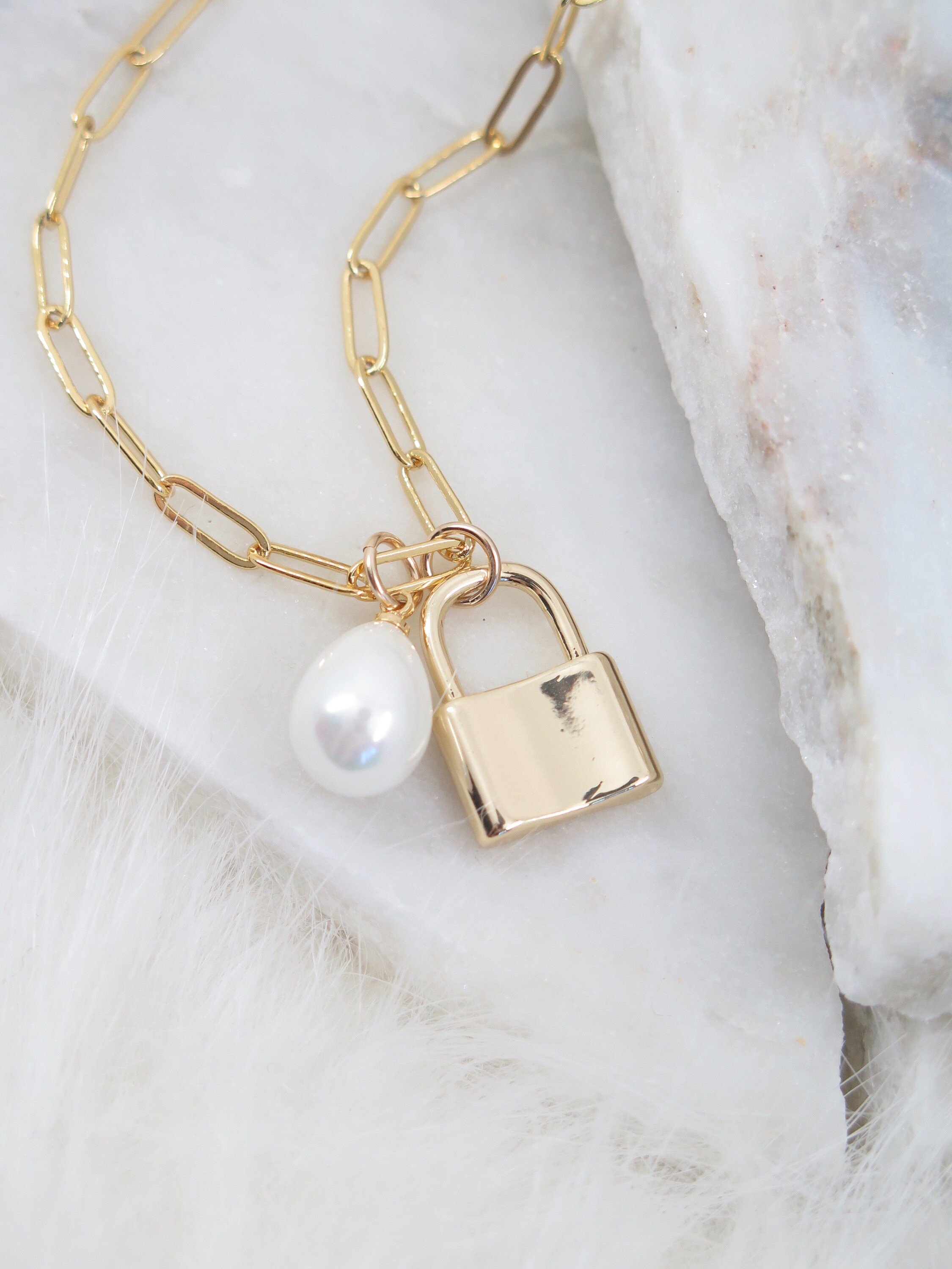 Gold Padlock Necklace Pearl Necklace 18K Gold Filled | Etsy