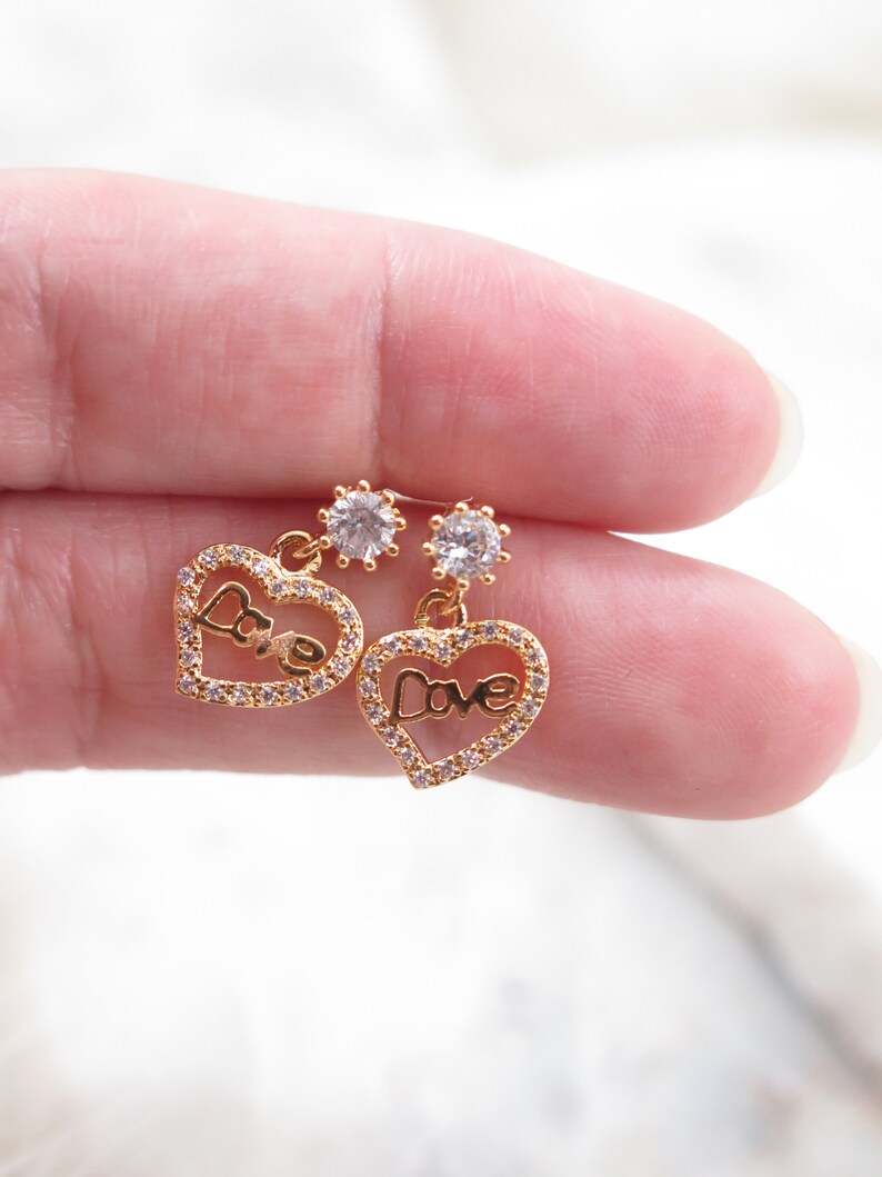 Love Gold Earrings, CZ Love Dangle Earrings, Gold Filled Earrings, Best ...