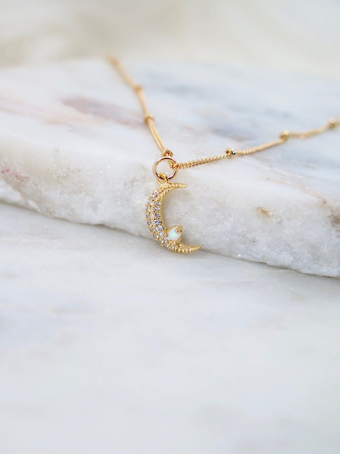 Moon Opal necklace Tiny Moon Necklace Gold Moon Necklace | Etsy