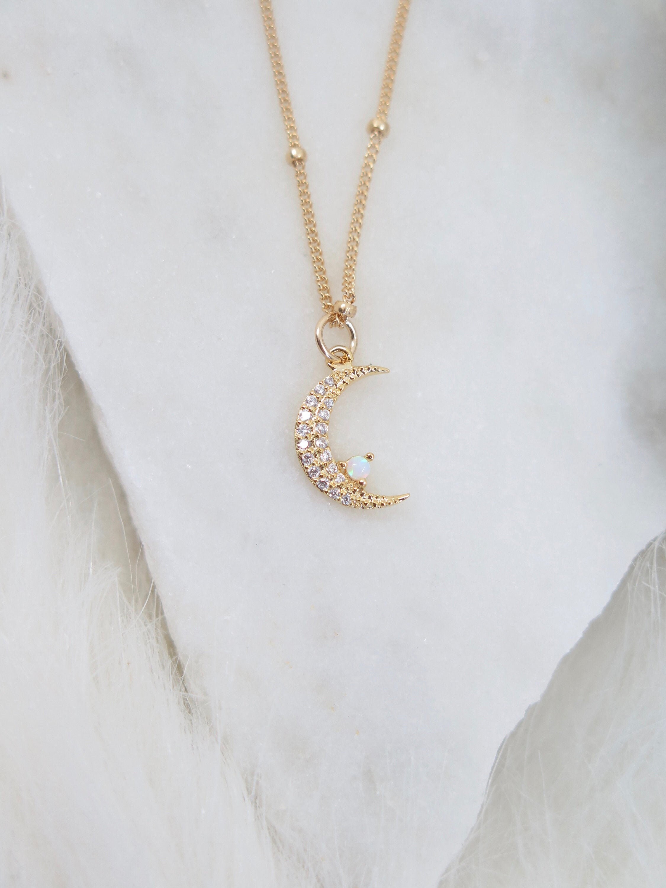 Moon Opal necklace Tiny Moon Necklace Gold Moon Necklace | Etsy