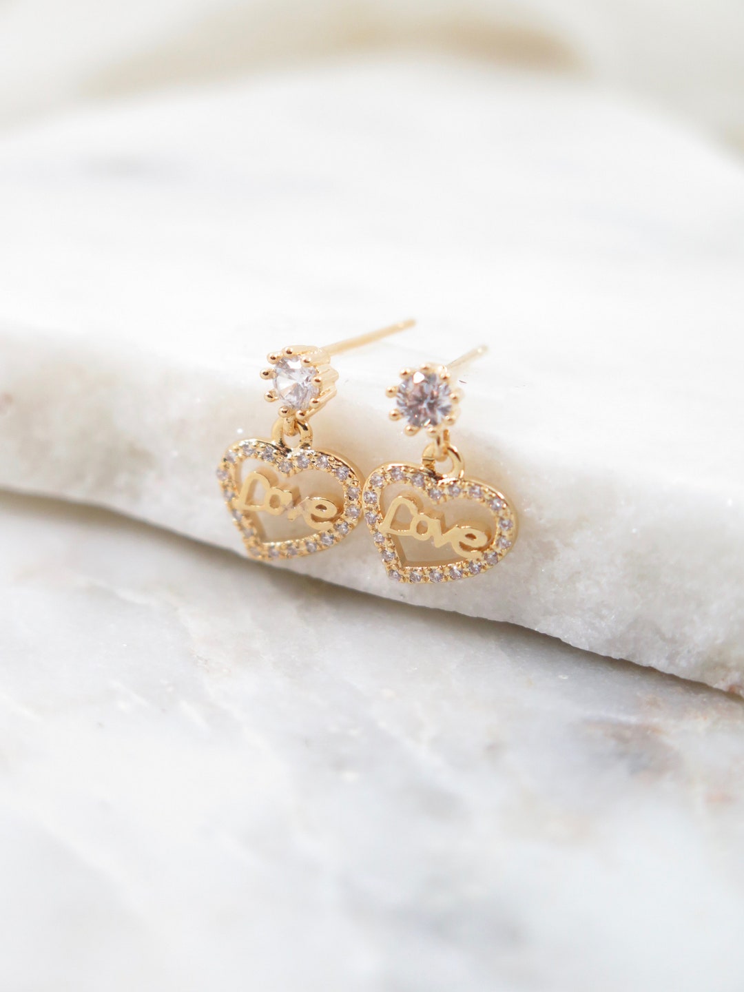 Love Gold Earrings, CZ Love Dangle Earrings, Gold Filled Earrings, Best ...